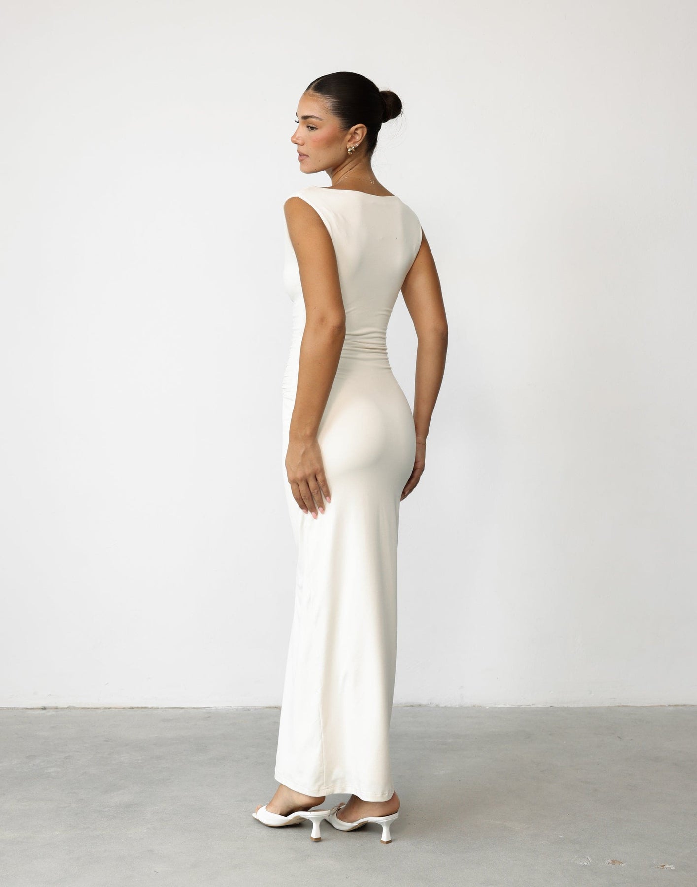 Viola Maxi Dress (Oat) | CHARCOAL Exclusive - Low V-neck Bodycon Ruched ...