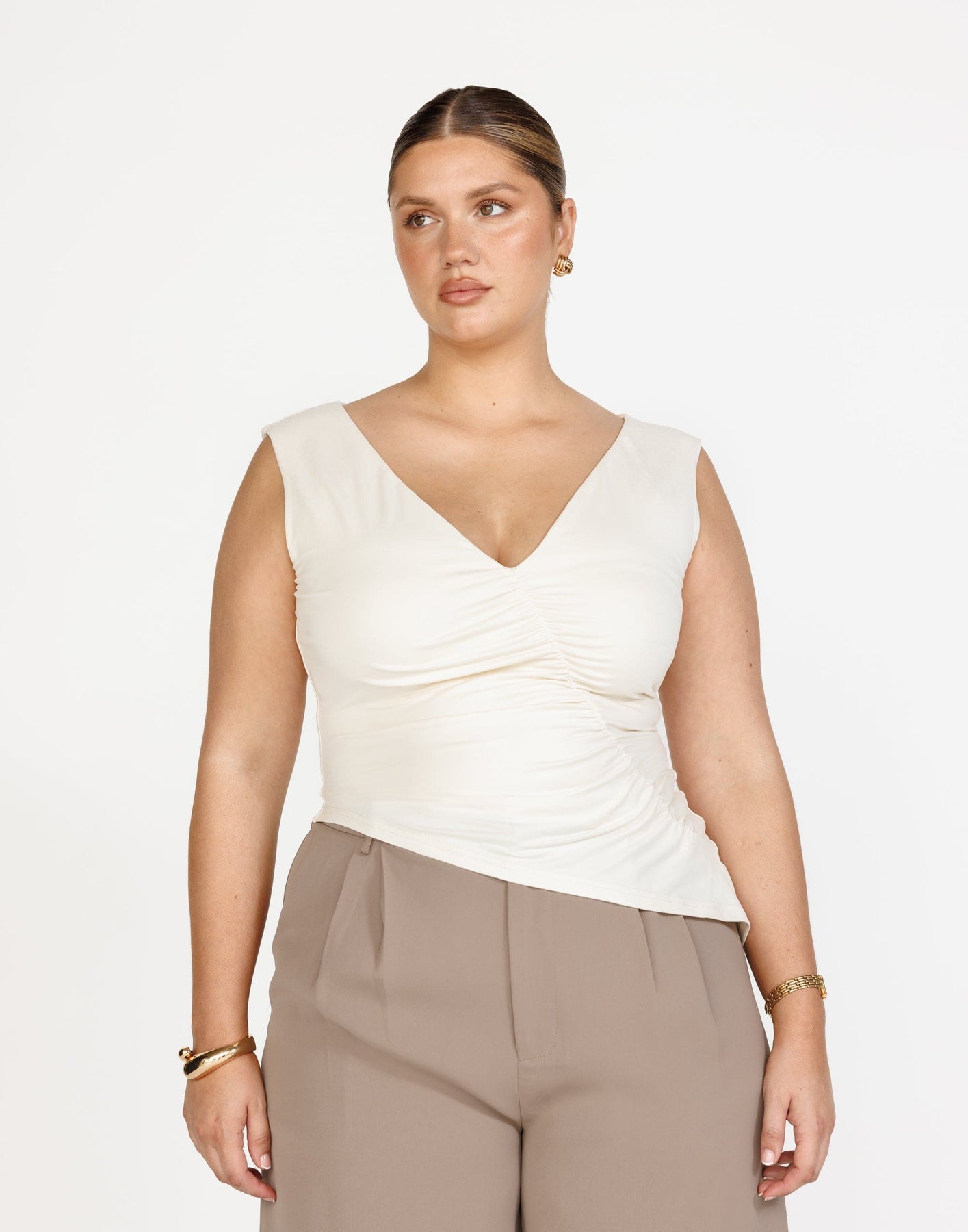 Viola Top (Oat) | CHARCOAL Exclusive - Low V-neck Ruched Longline Top