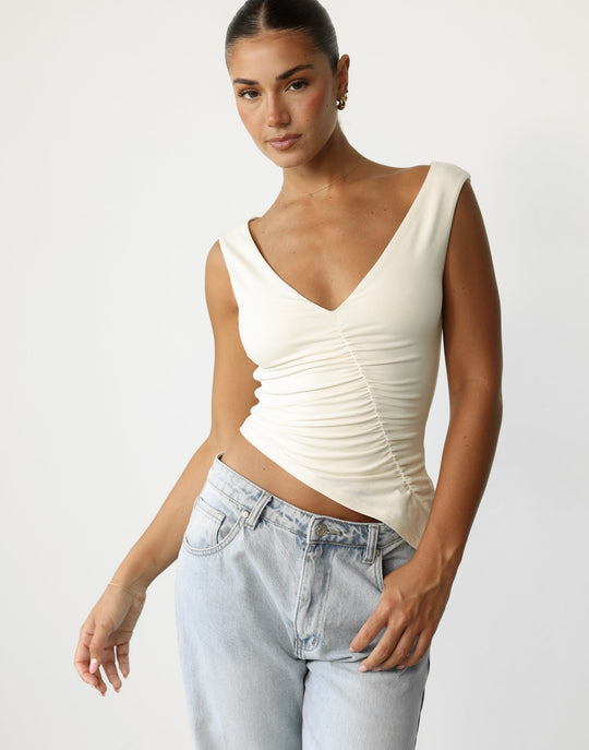 Viola Top (Oat) | CHARCOAL Exclusive - Low V-neck Ruched Longline Top