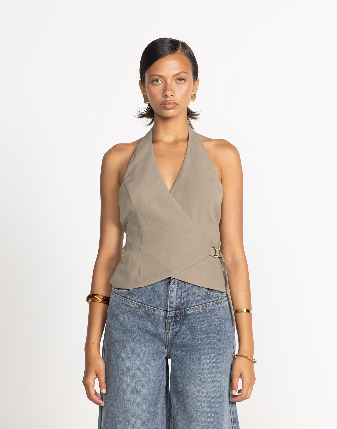 Malika Top (Stone) | CHARCOAL Exclusive - Stone V Neck Wrap Halter Top